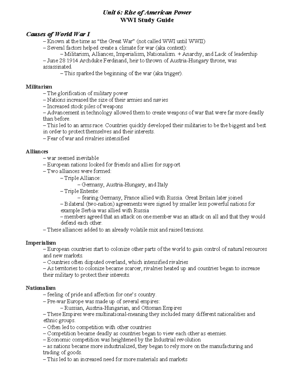 WWI Study Guide: Causes, Key Events, and Consequences (Unit 6) - Studocu