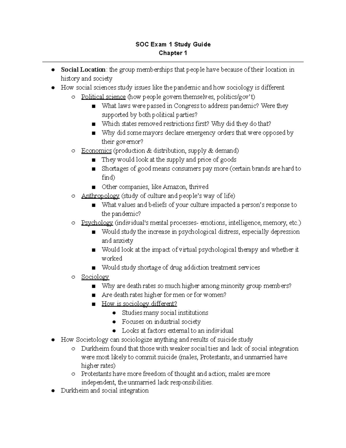SOC 101 Exam 1 Study Guide: Key Concepts and Theories Overview - Studocu