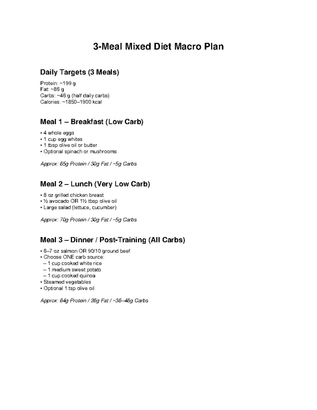 3 Meal Mixed Diet Macro Plan: Daily Targets & Nutritional Breakdown ...