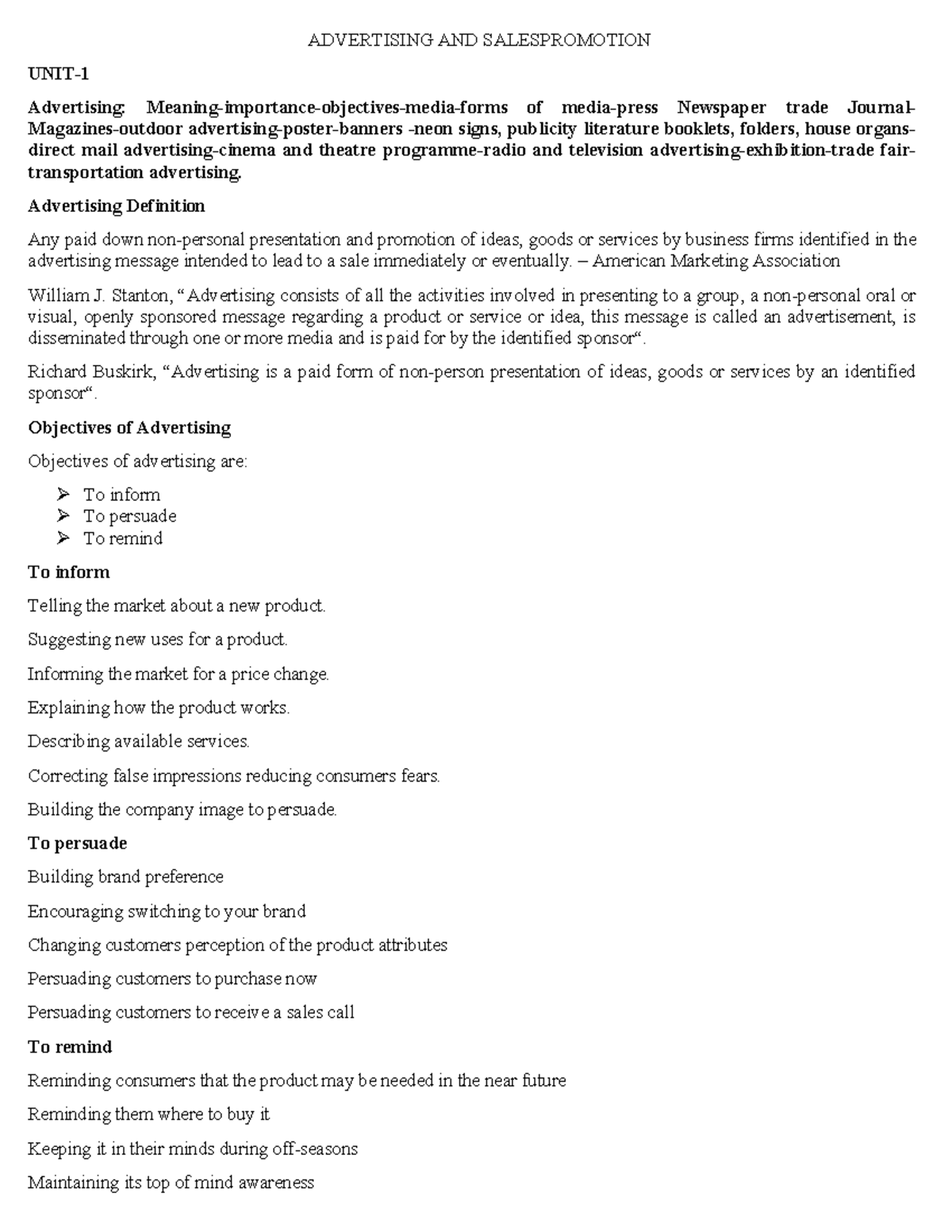 ASM UNIT I Notes - Advertising and Sales Promotion Overview - Studocu