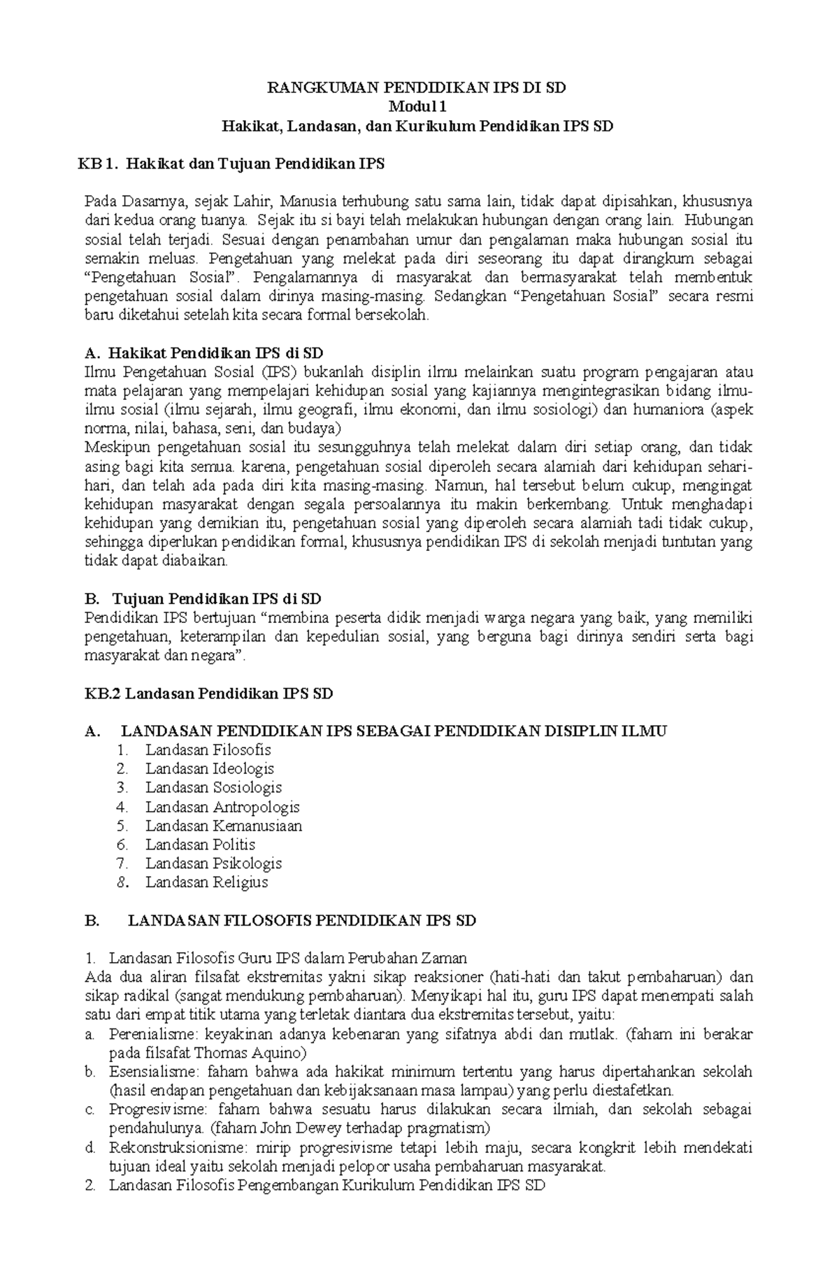 Rangkuman Pendidikan IPS SD Modul 1: Hakikat dan Kurikulum - Studocu