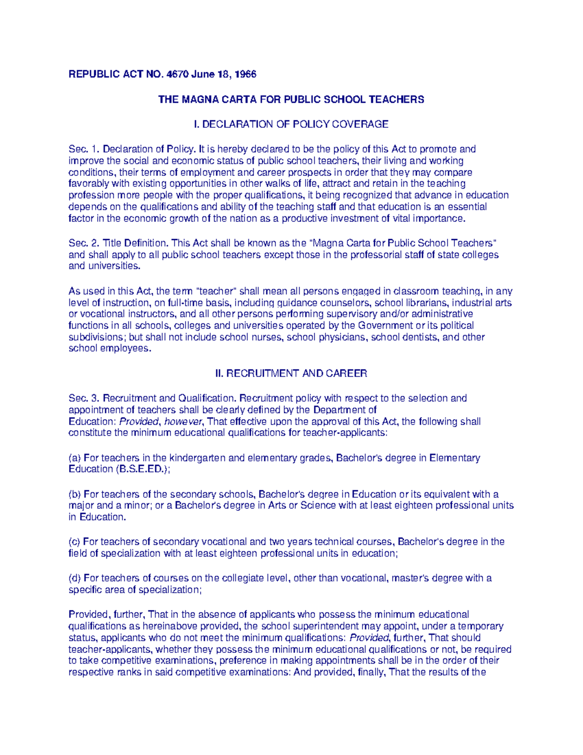 Magna Carta for Public School Teachers (Rep. Act No. 4670) - Studocu