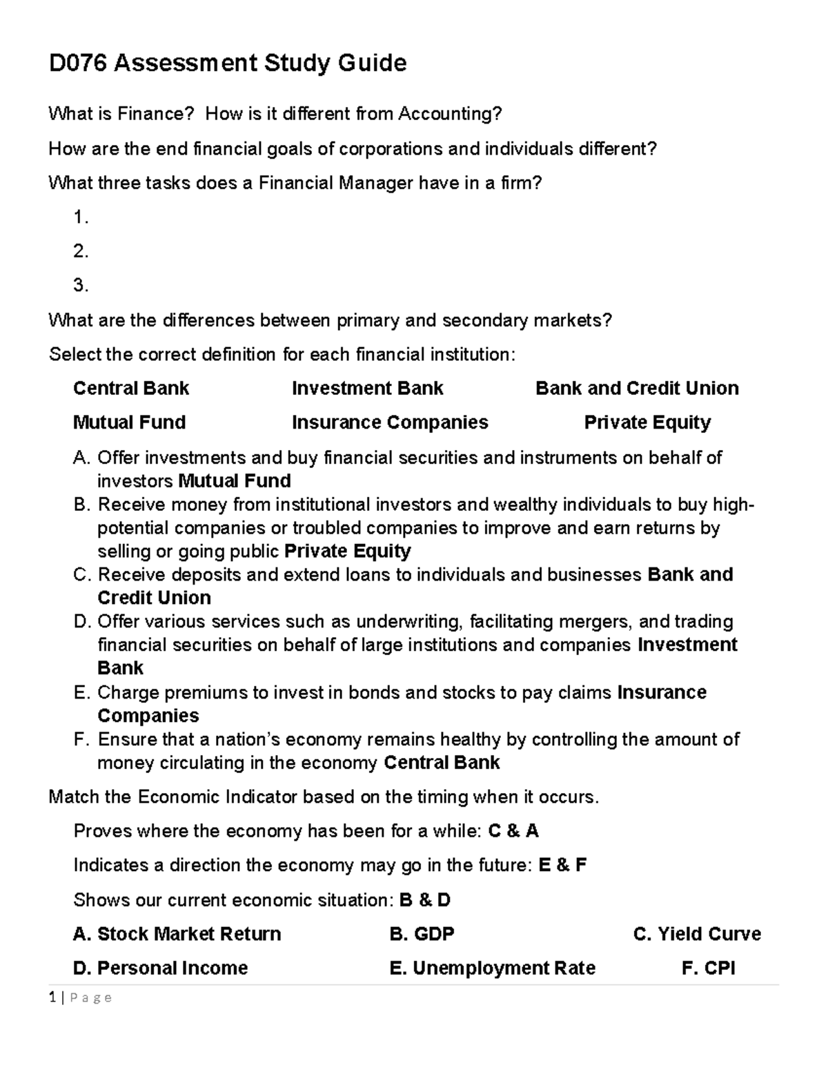 D076 Finance Assessment Study Guide: Key Concepts & Definitions - Studocu