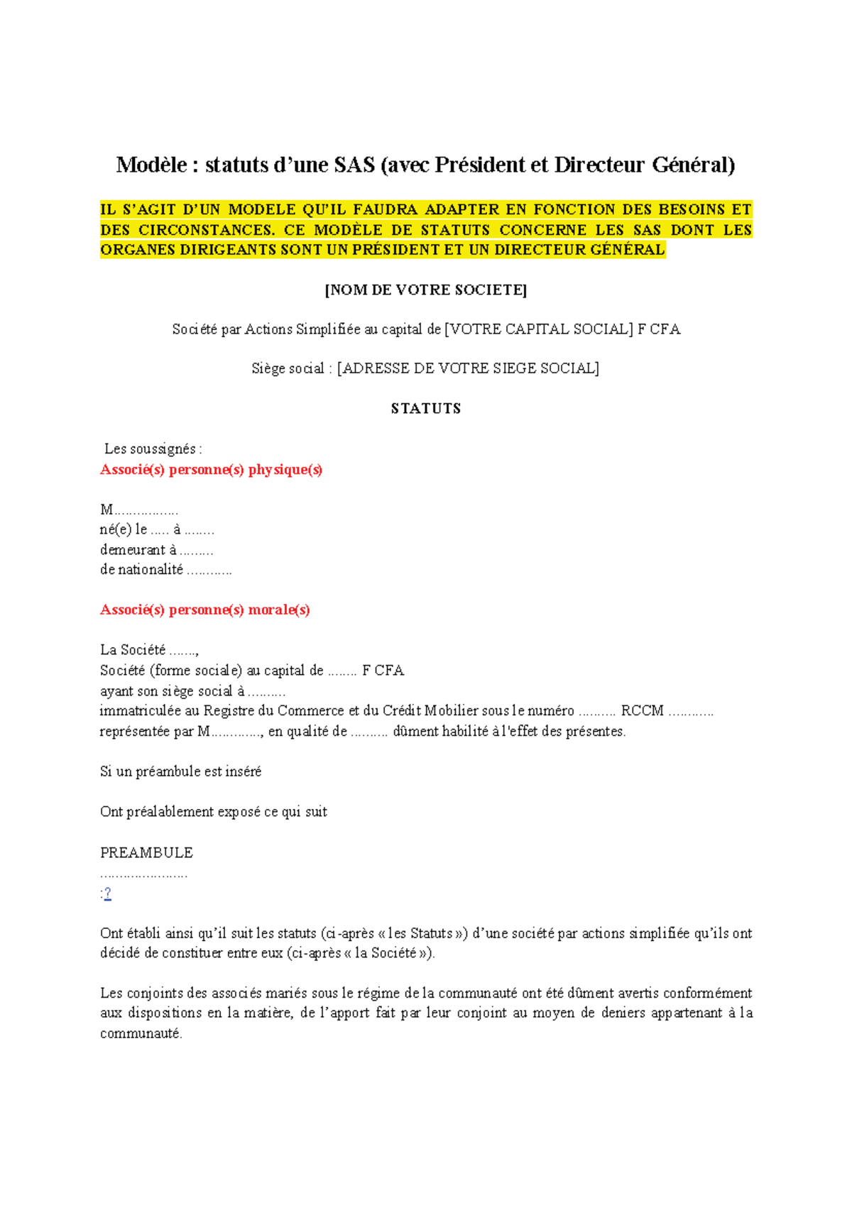 Modèle de Statuts pour SAS selon OHADA - Président & DG - Studocu