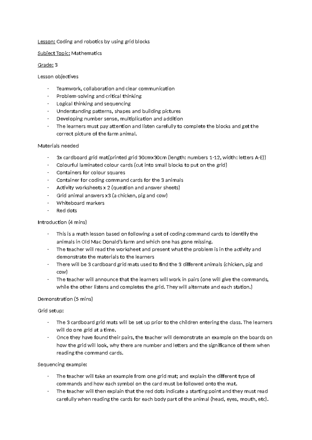 Lesson Plan JVK: Coding & Robotics with Grid Blocks for Grade 3 - Studocu