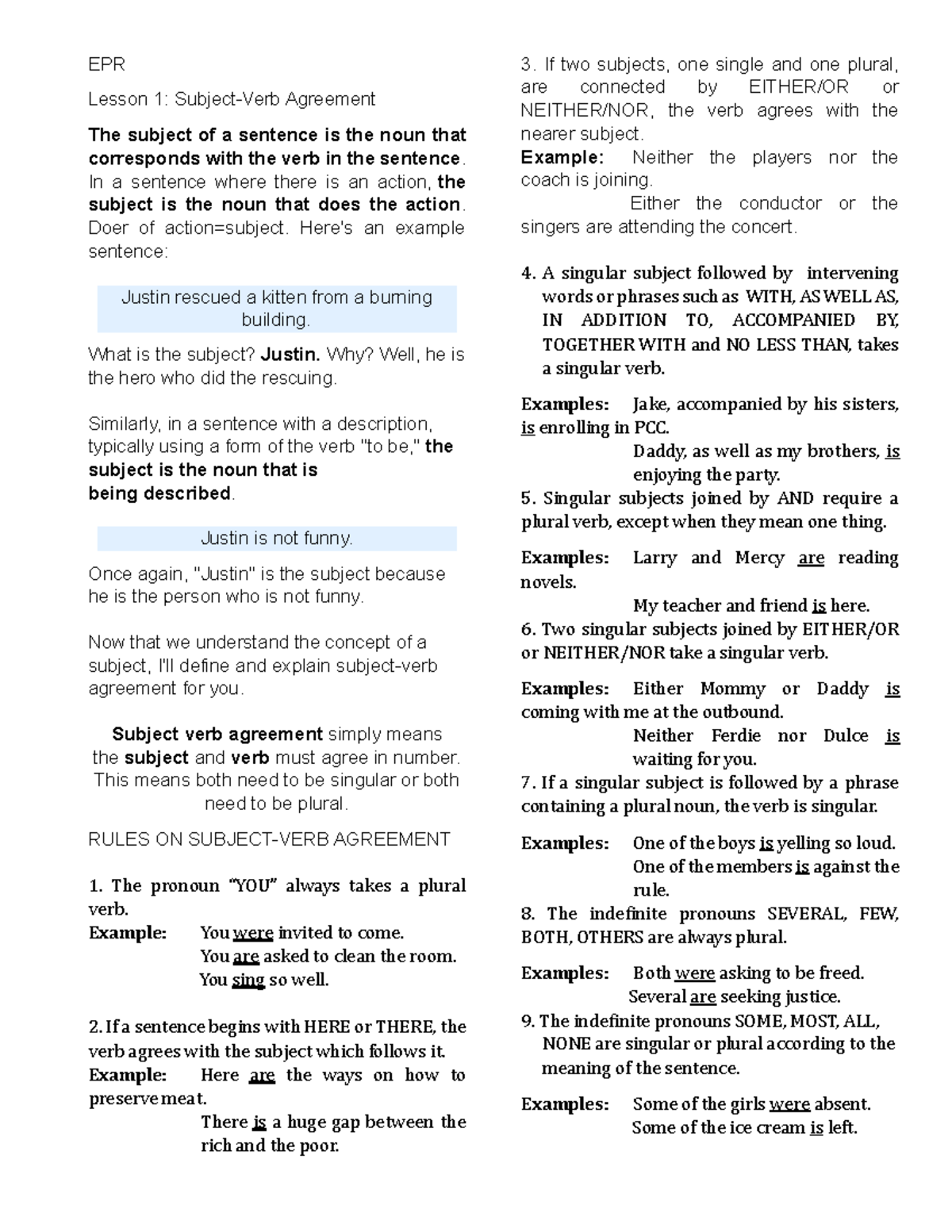Midterm Study Notes for EPR: Subject-Verb Agreement & Rhetoric - Studocu