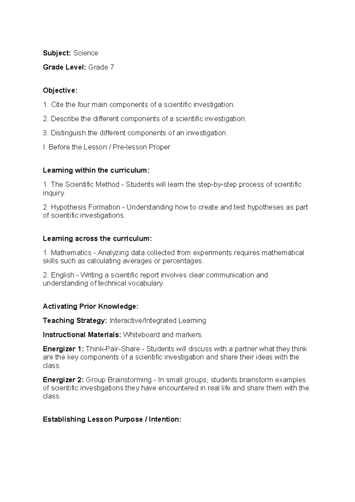 Grade 7 Science Lesson Plan Components Of Scientific Investigation