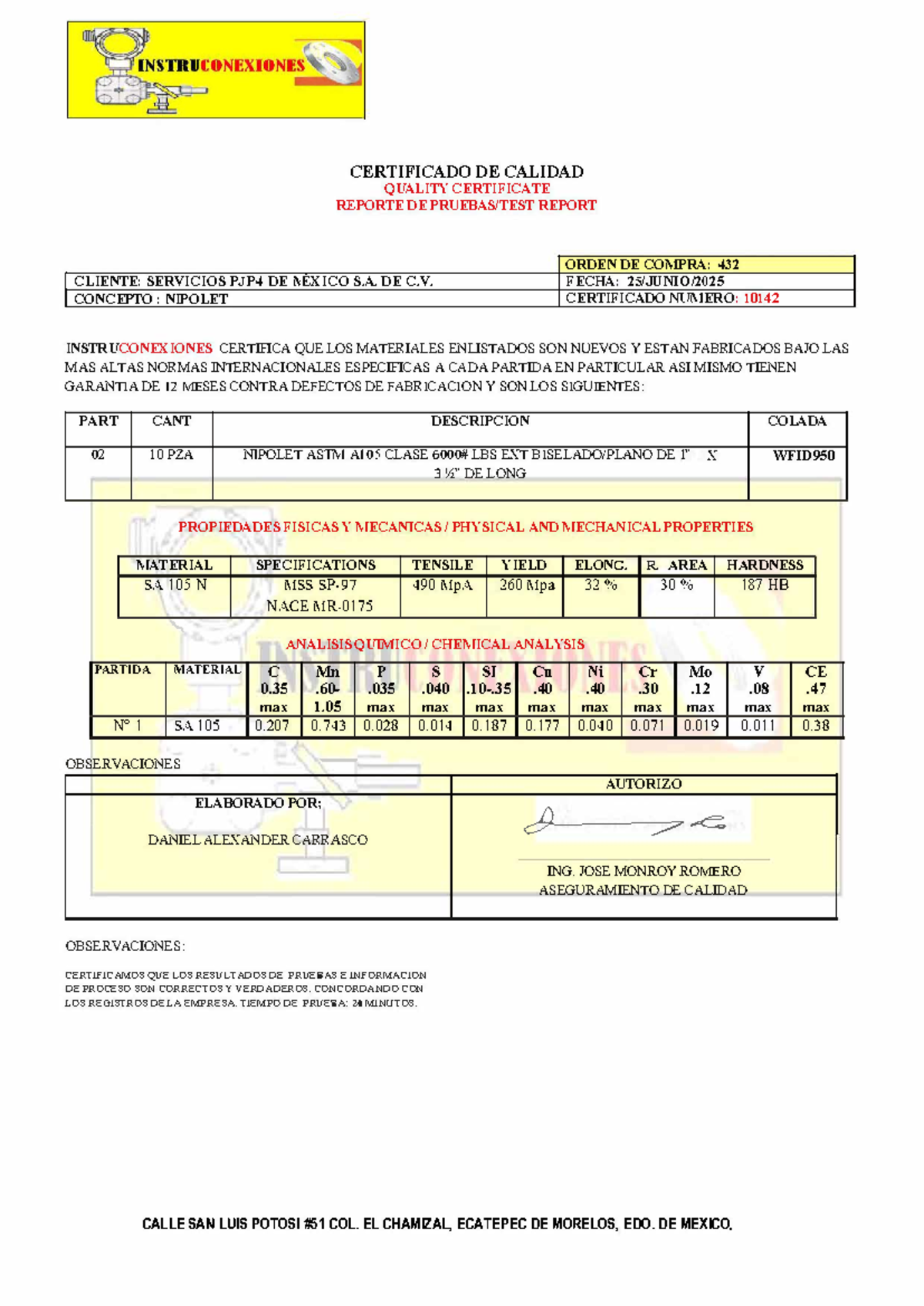 CERTIFICADO DE CALIDAD - NIPOLET ASTM A105 - 432 - Studocu