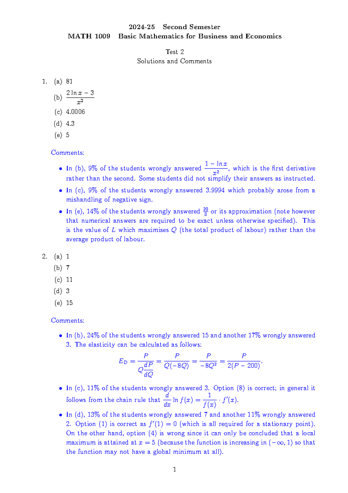 24-25 Test 2 Answer - 2024-25 Second Semester MATH 1009 Basic ...