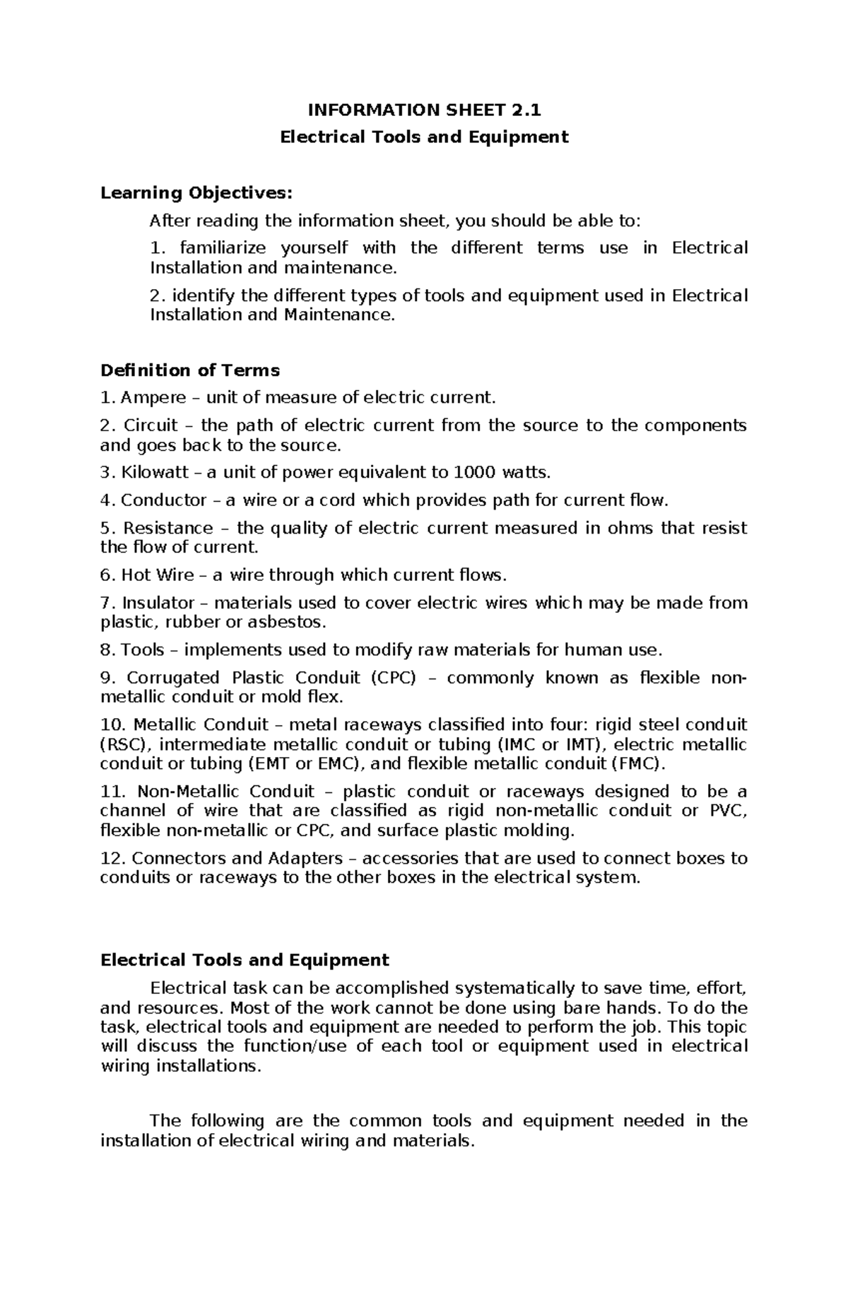 Tools AND Equipment Module - INFORMATION SHEET 2. Electrical Tools and ...