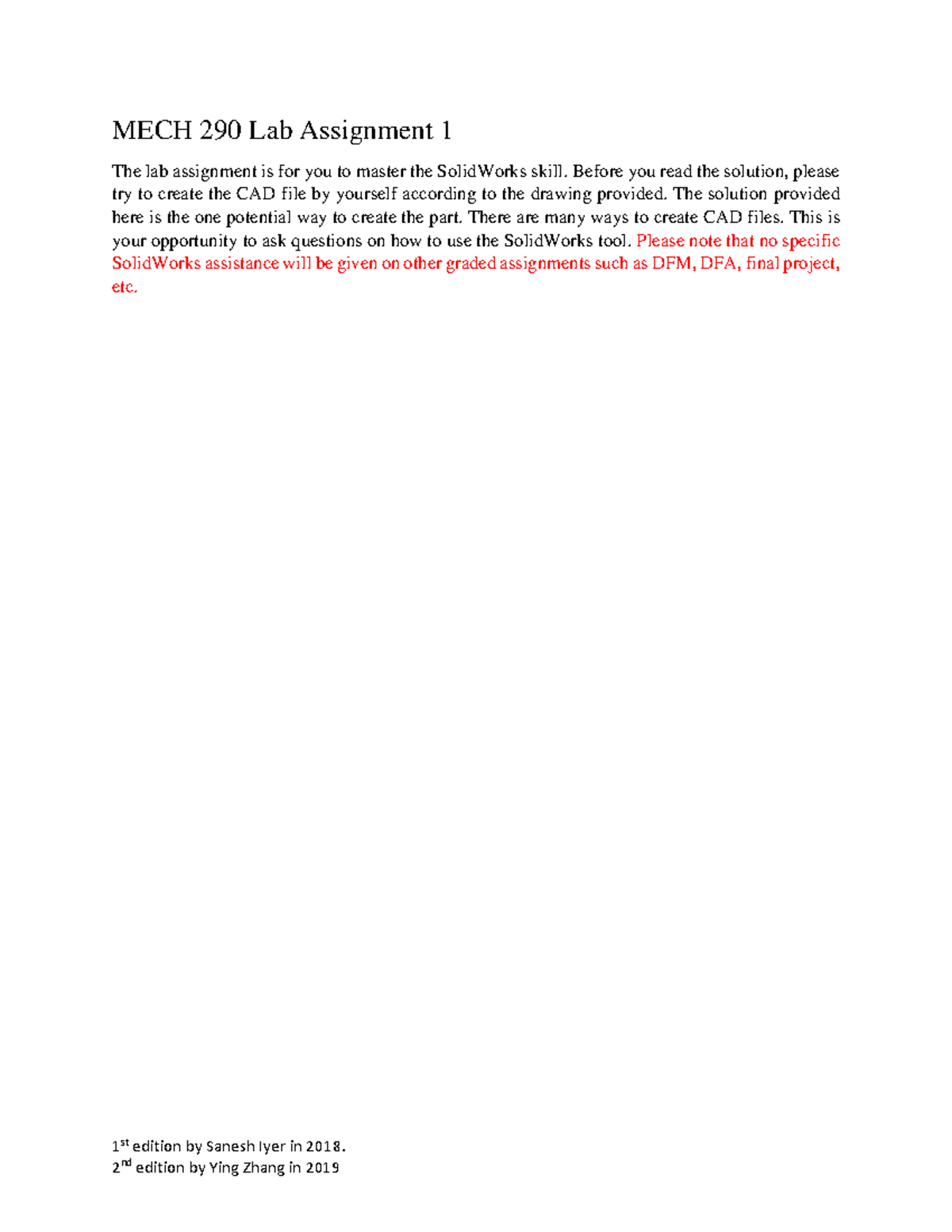 MECH 290 Lab Assignment 1: SolidWorks CAD Tutorial Exercise - Studocu