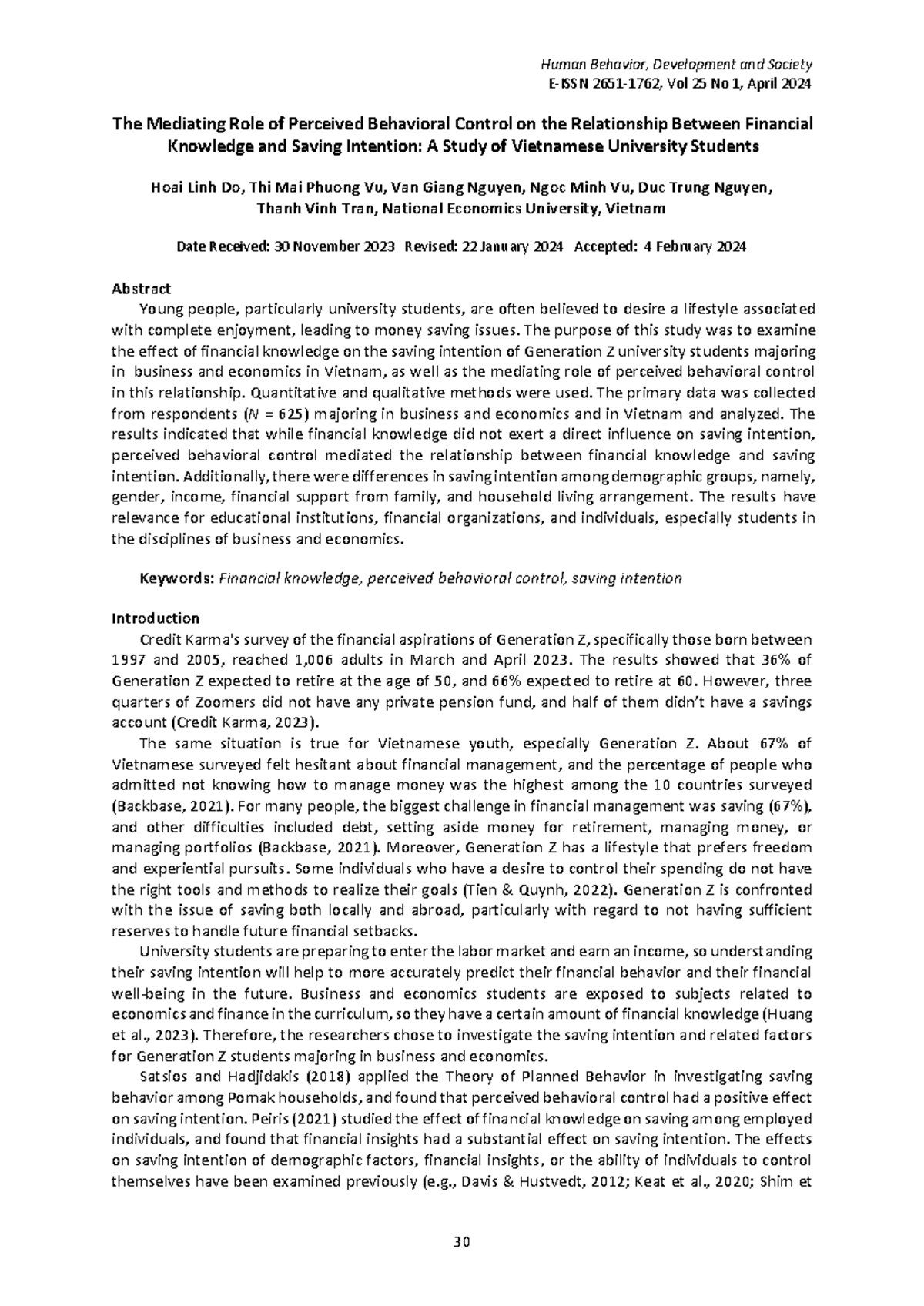 The Mediating Role of Perceived Behavioral Control on Saving Intention ...