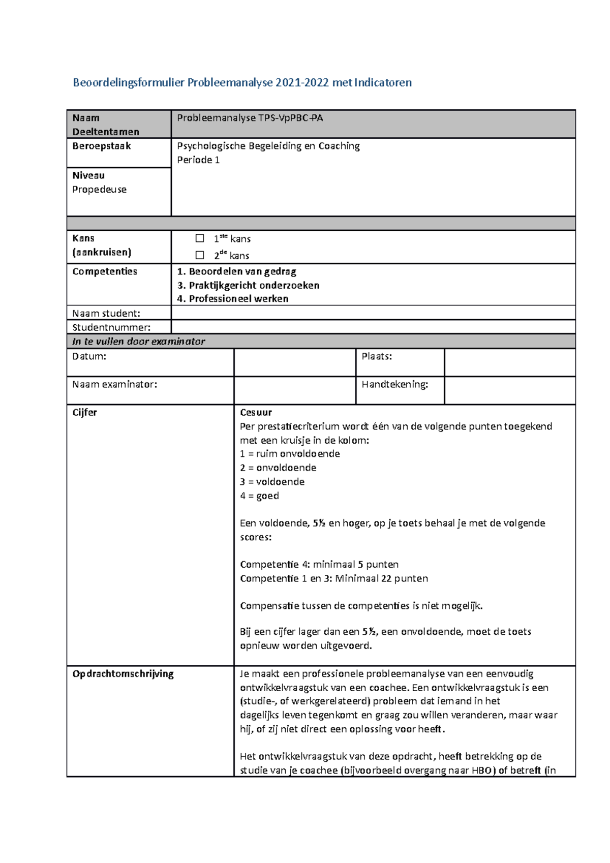 Beoordelingsformulier Probleemanalyse met Rubrics 2021-2022 - Studeersnel
