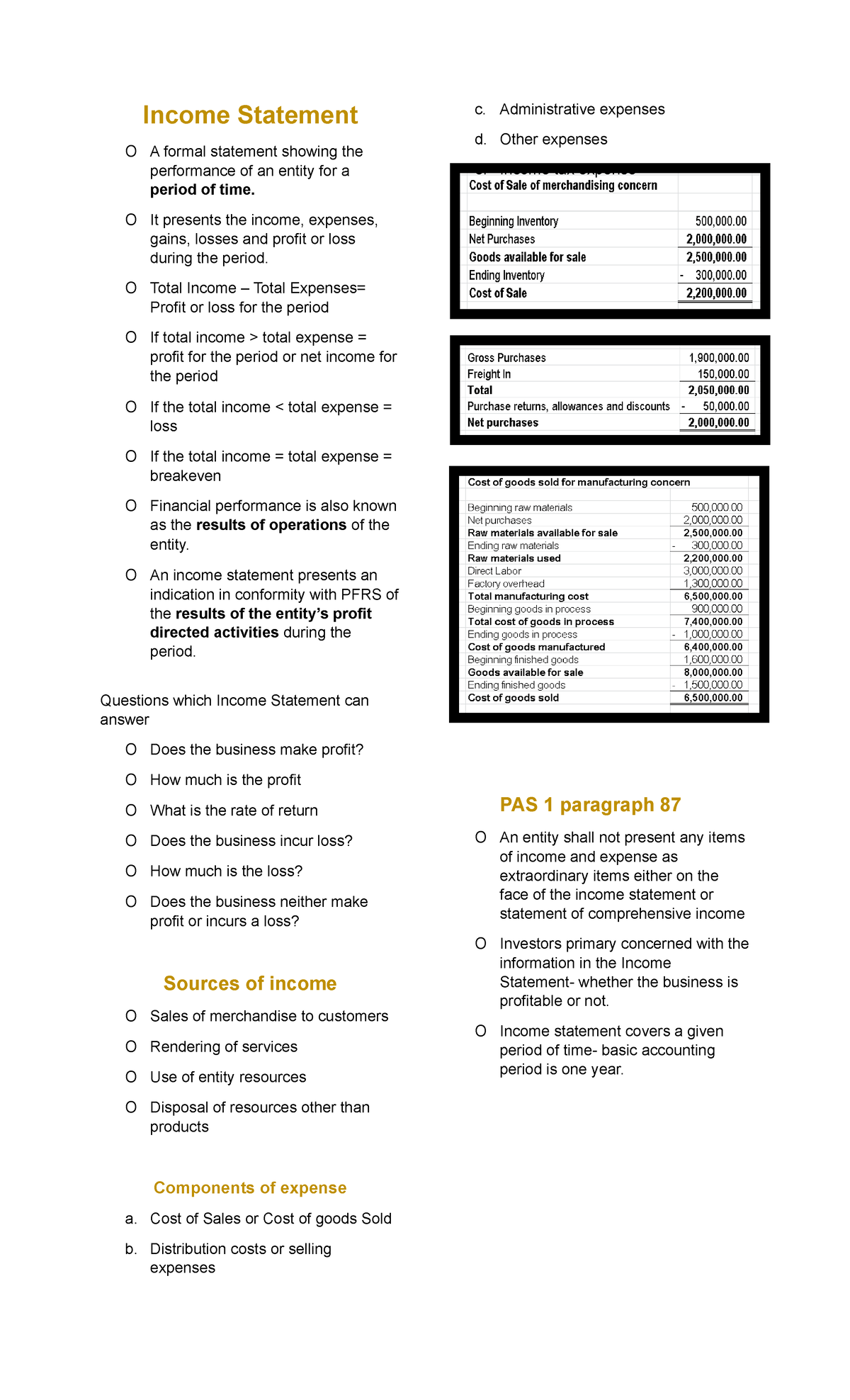 Financial Accounting Notes 2: Key Concepts of Income Statement and Cash ...