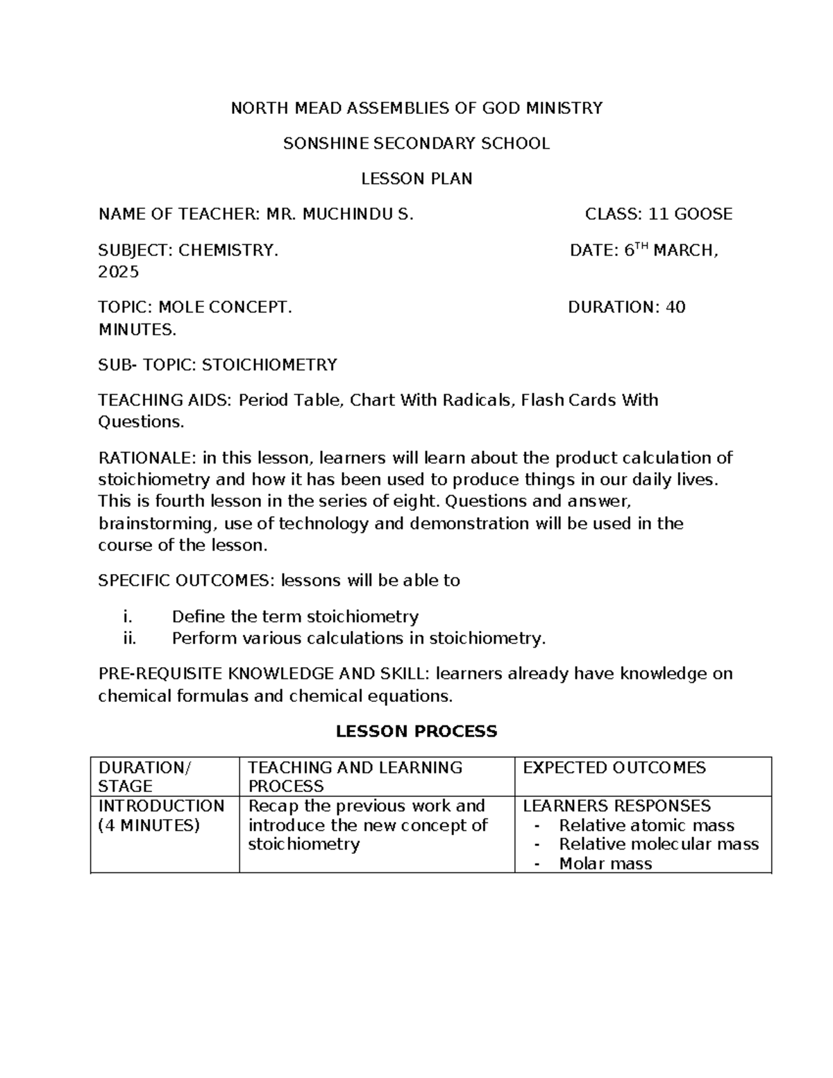 Chemistry Lesson Plan: Mole Concept & Stoichiometry for Class 11 - Studocu