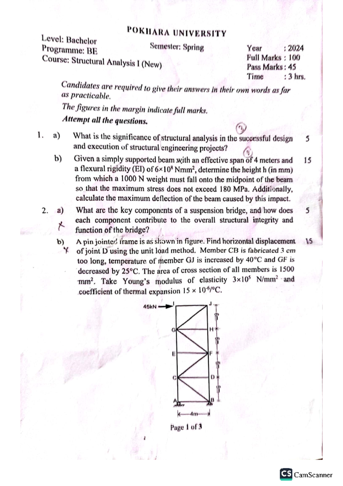 Structural Analysis I (BE) Midterm Exam Questions - Spring 2024 - Studocu