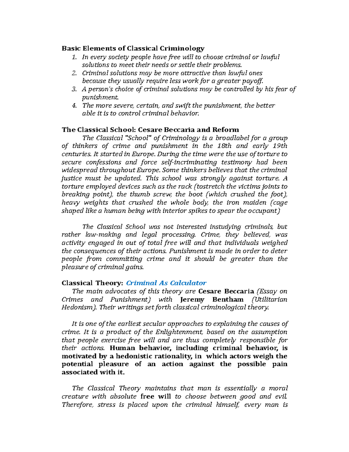 Basic Concepts of Classical Criminology in Theory and Reform - Studocu