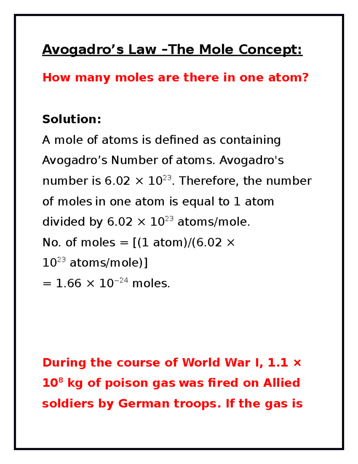 Mole Concept Assignment: Avogadro's Law and Gas Calculations - Studocu