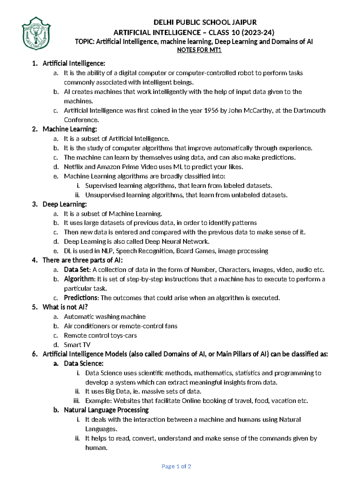 Class 10 AI - MT Notes: AI, Machine Learning, Deep Learning & Domains ...