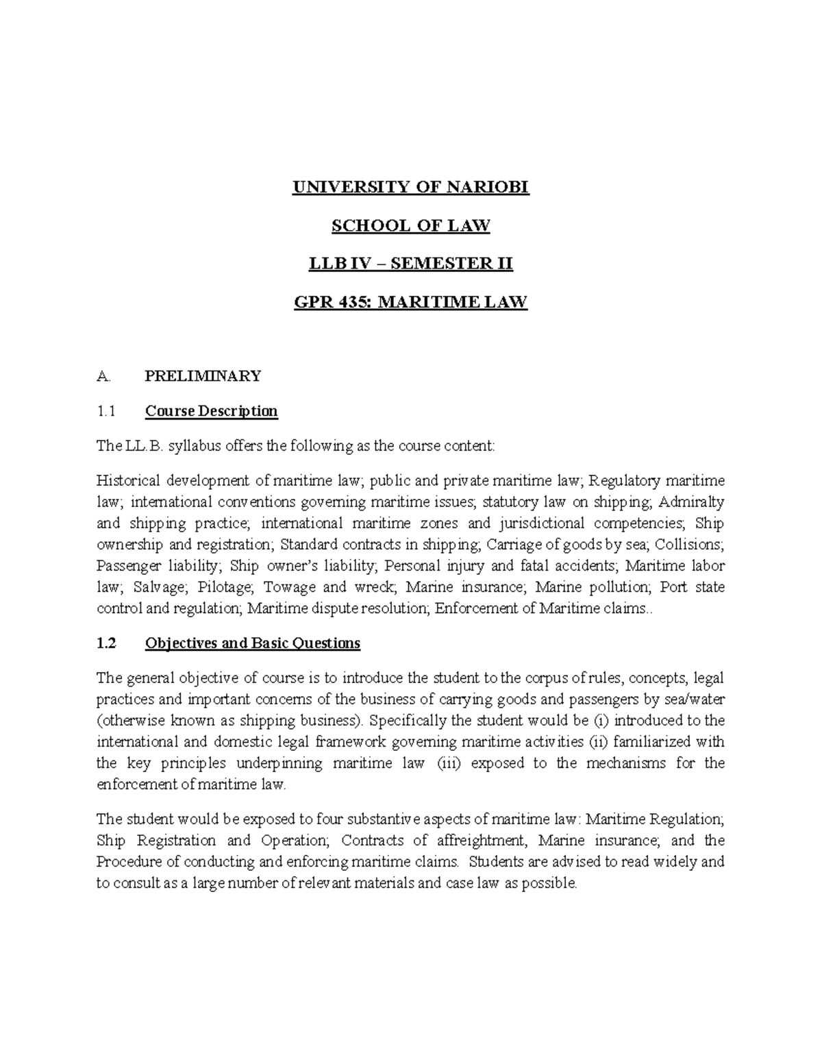 Course Outline Maritime Law GPR 435 - UNIVERSITY OF NARIOBI SCHOOL OF ...