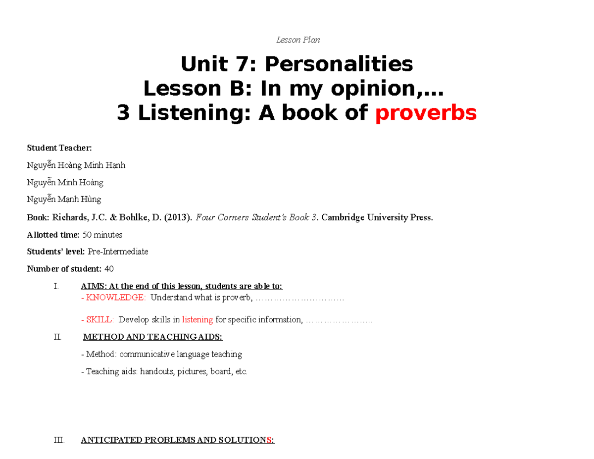Lesson Plan for Teaching Listening: Unit 7 (Personalities) - Studocu