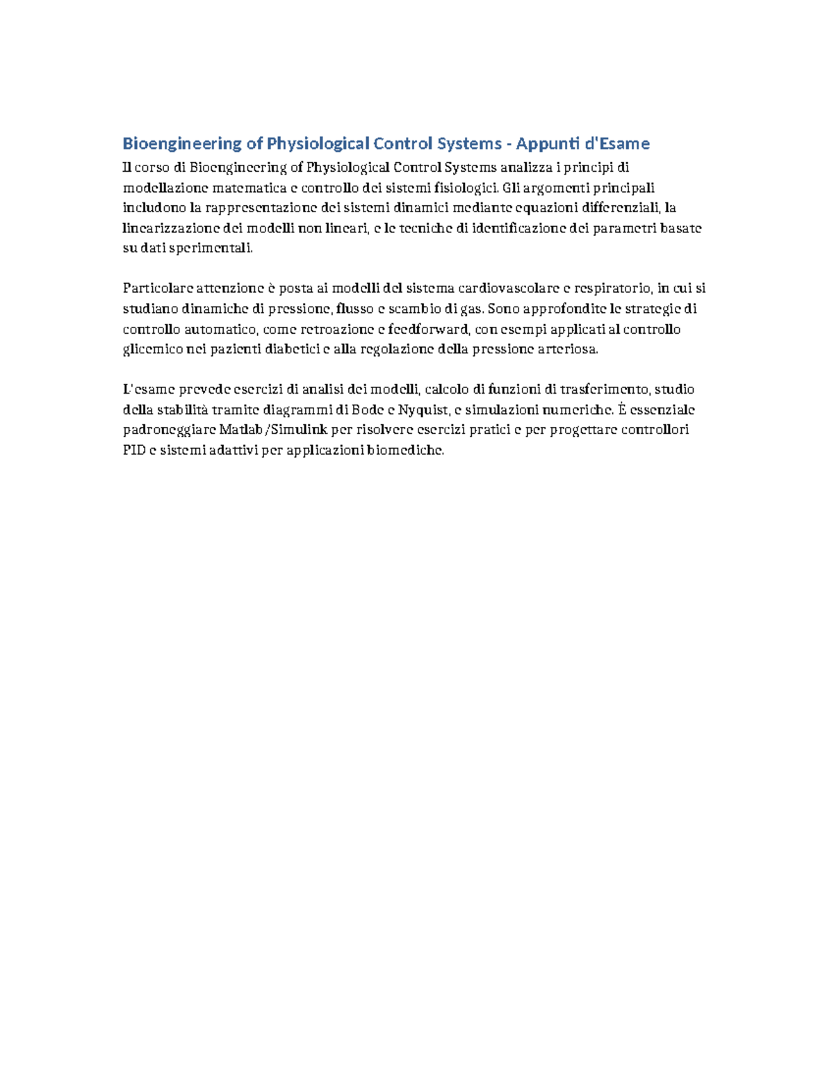 Appunti Bioengineering of Physiological Control Systems: Modelli e ...