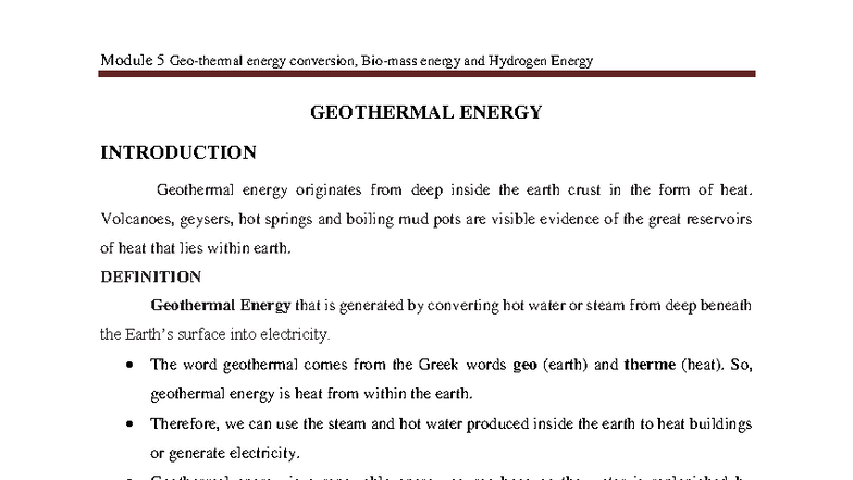 Module 5: Geothermal Energy and Biomass Conversion - Comprehensive Overview - Studocu