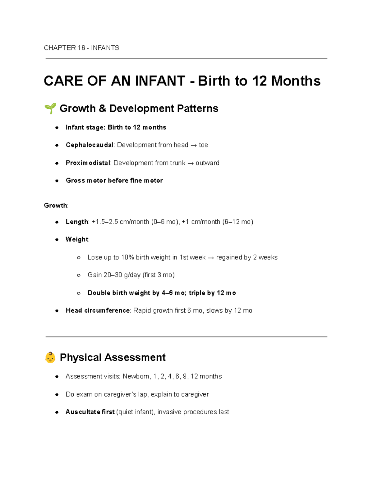 Quiz 1 Study Guide: Infant Care and Development (Birth to 12 Months ...