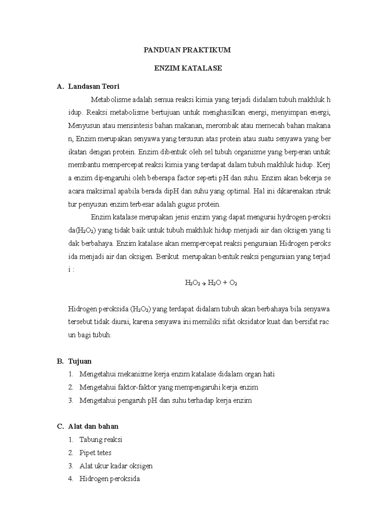 Panduan Praktikum Enzim Katalase Biologi (BIOL101) - Studocu
