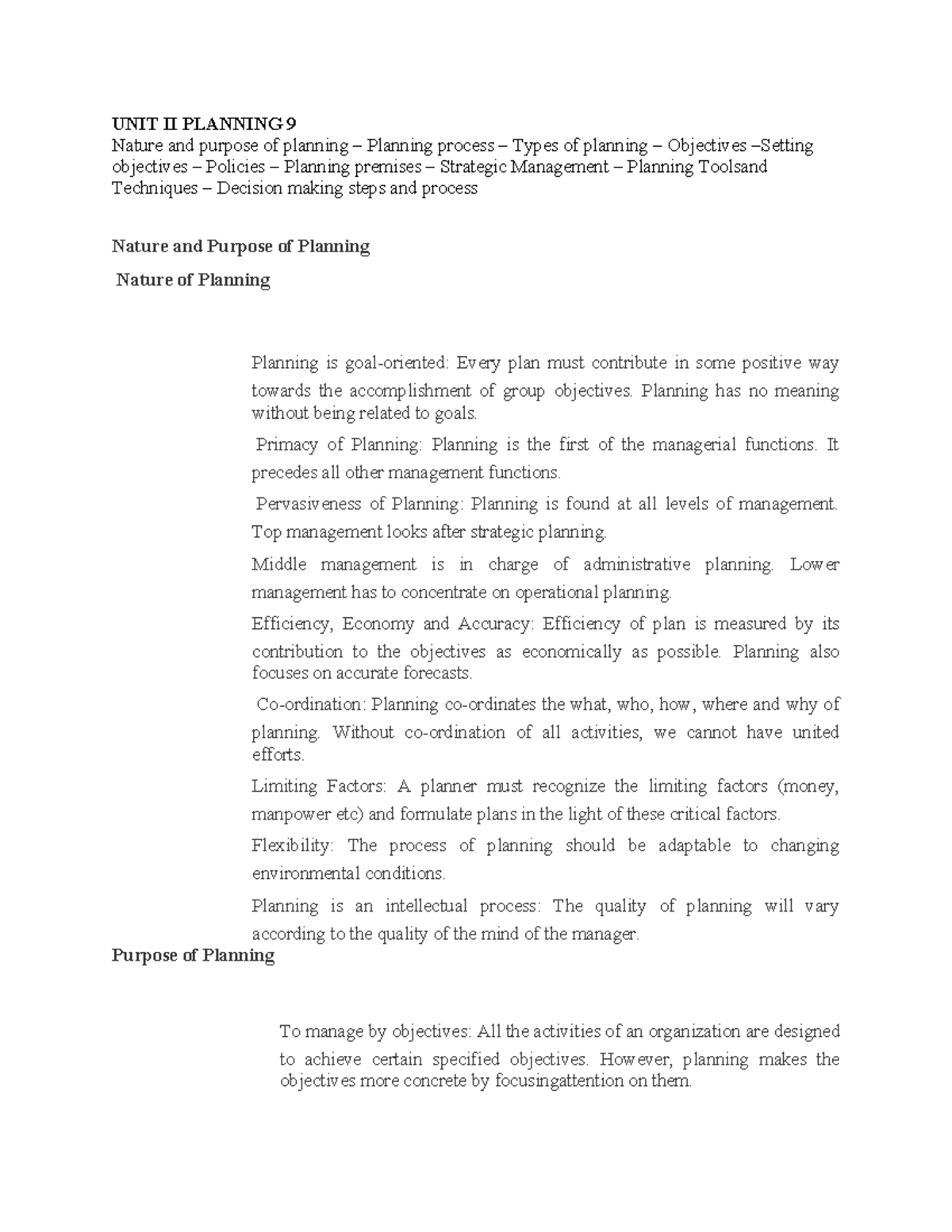 POM 101 UNIT II - Planning: Nature, Purpose, and Process - Studocu