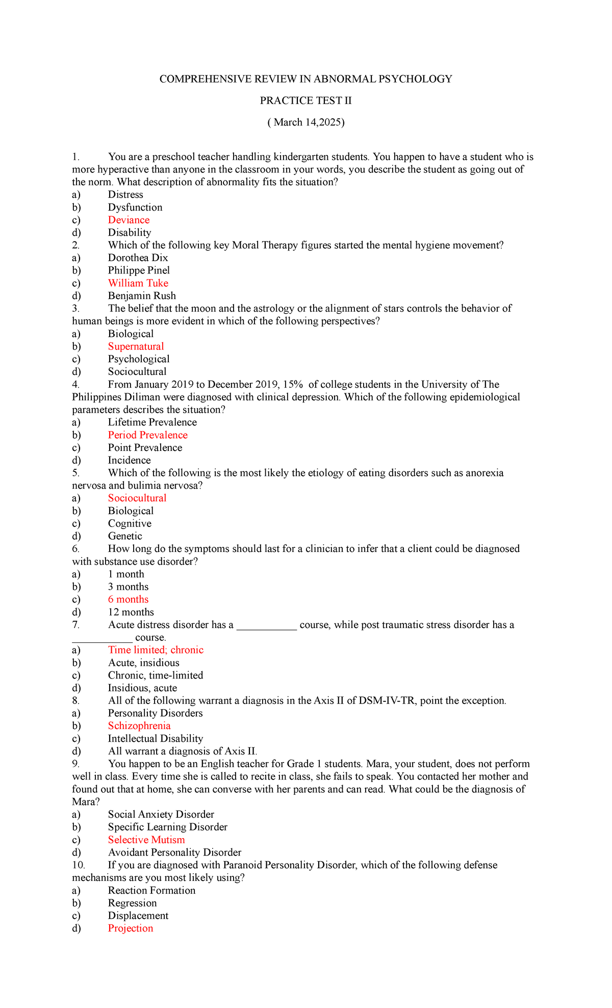 ABNORMAL PSYCHOLOGY PRACTICE TEST II (COMPREHENSIVE REVIEW) - Studocu