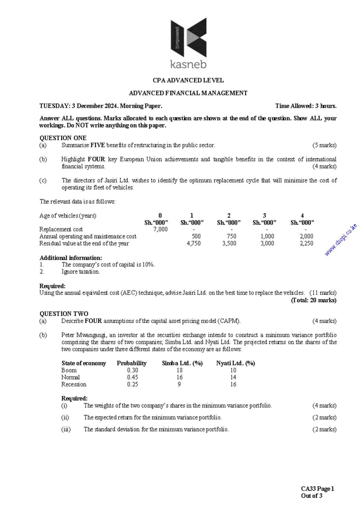 CPA ADVANCED LEVEL ADVANCED FINANCIAL MANAGEMENT FINAL EXAM: 3 December ...