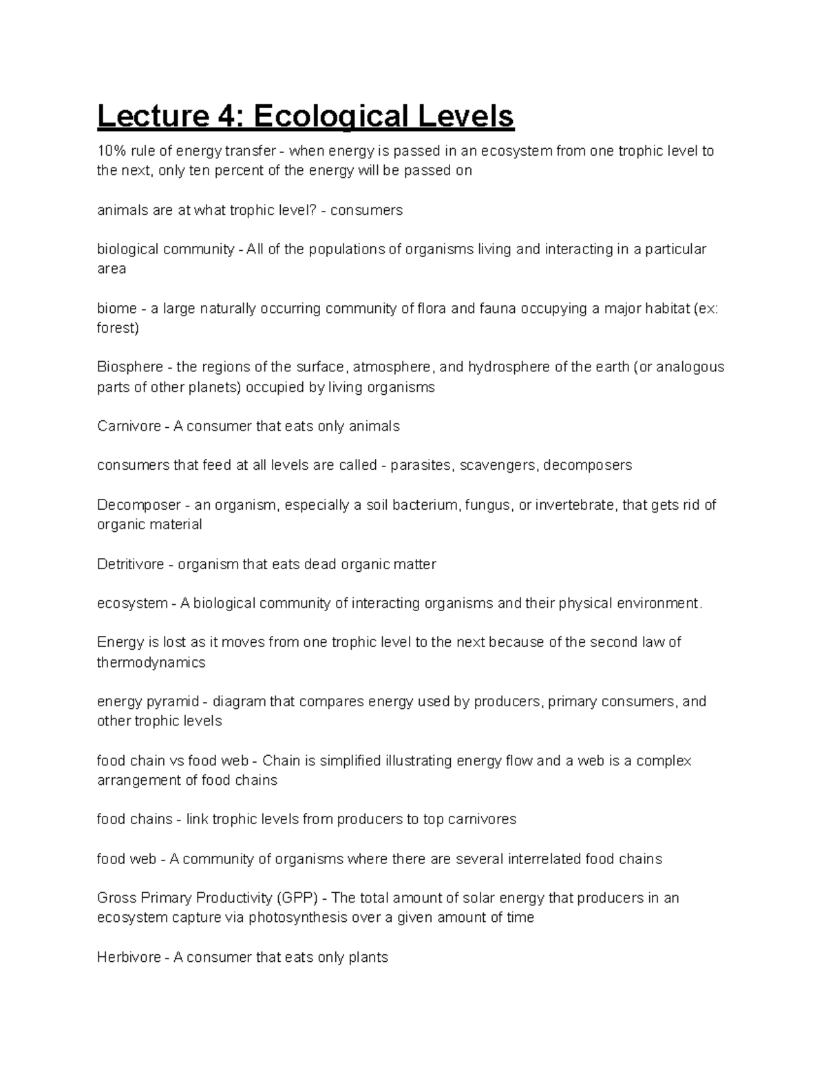 Lecture 4 Ecological Levels - Lecture 4: Ecological Levels 10% rule of ...