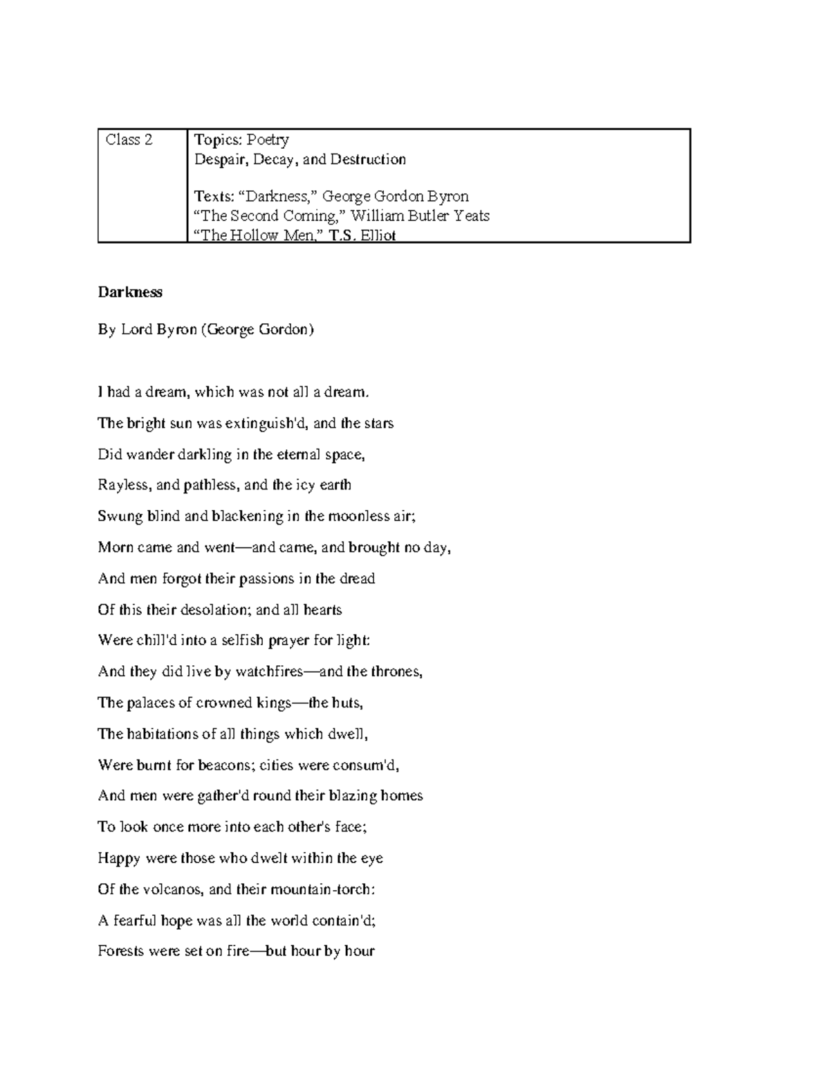 102 Readings Class 2: Poetry on Despair, Decay, and Destruction - Studocu