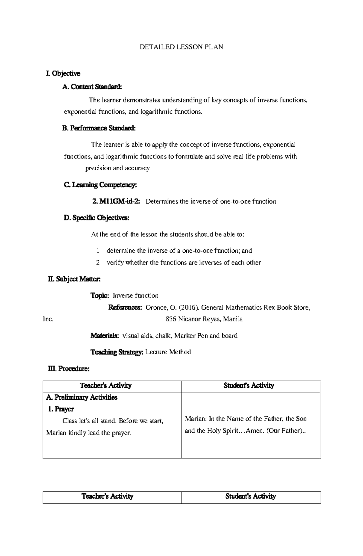 Detailed Lesson PLAN Grade 11 SHS - DETAILED LESSON PLAN I. Objective A ...
