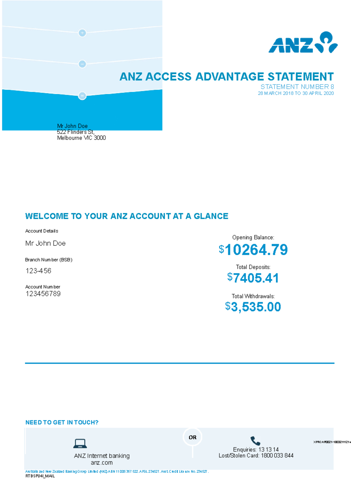 ANZ Bank Statement (28 Mar 2018 - 30 Apr 2020) for Mr. John Doe - Studocu