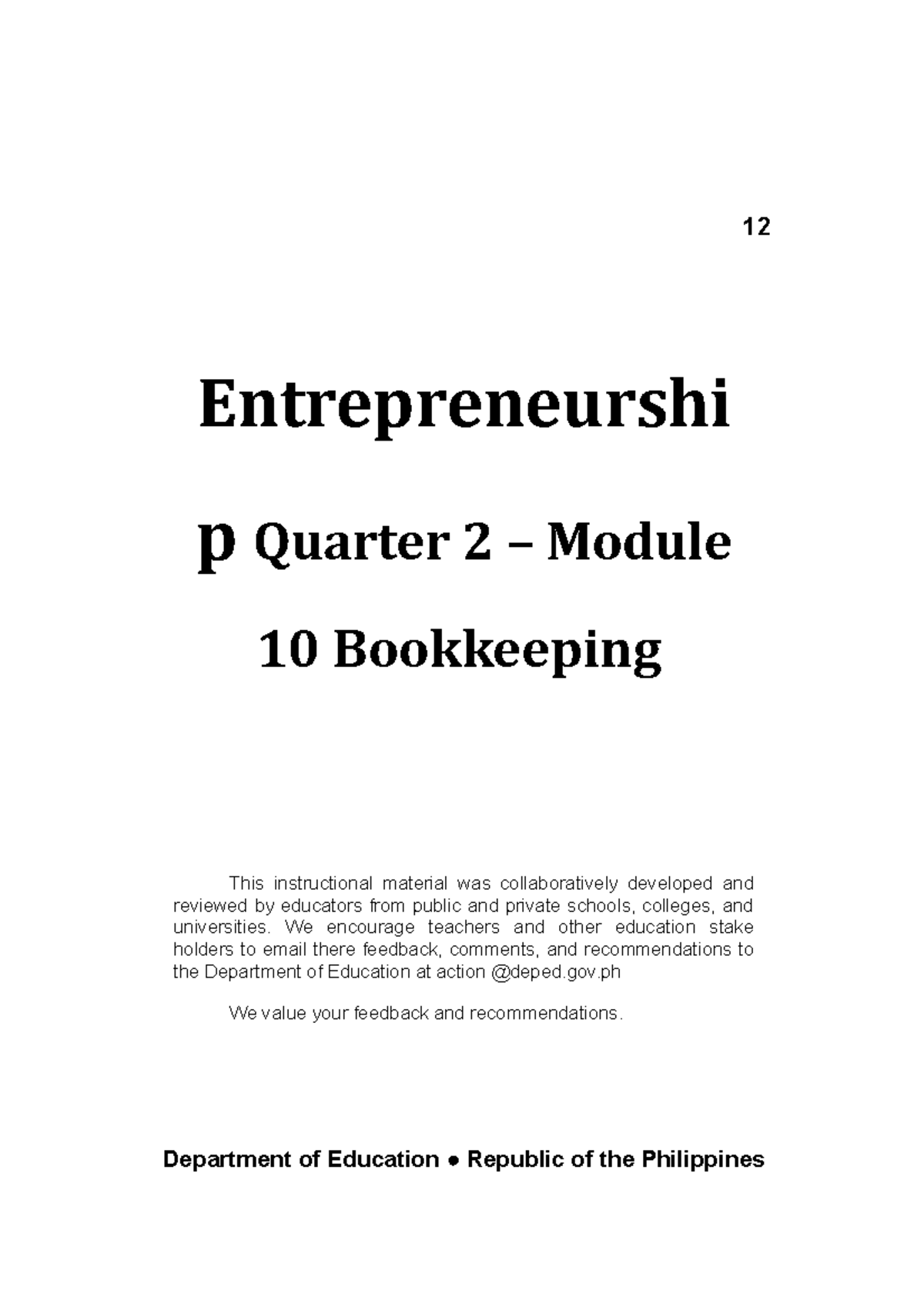 Entrep 12 Q1 Mod10 Bookkeeping v1 - 12 Entrepreneurshi p Quarter 2 ...