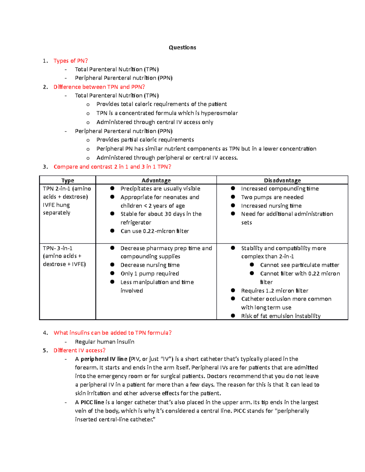 PPN and TPN - Exam preparation questions for Nutrient lecture ...