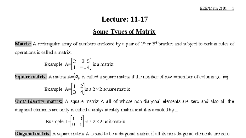 2101 1 Lecture: Types of Matrices and Their Properties - Studocu