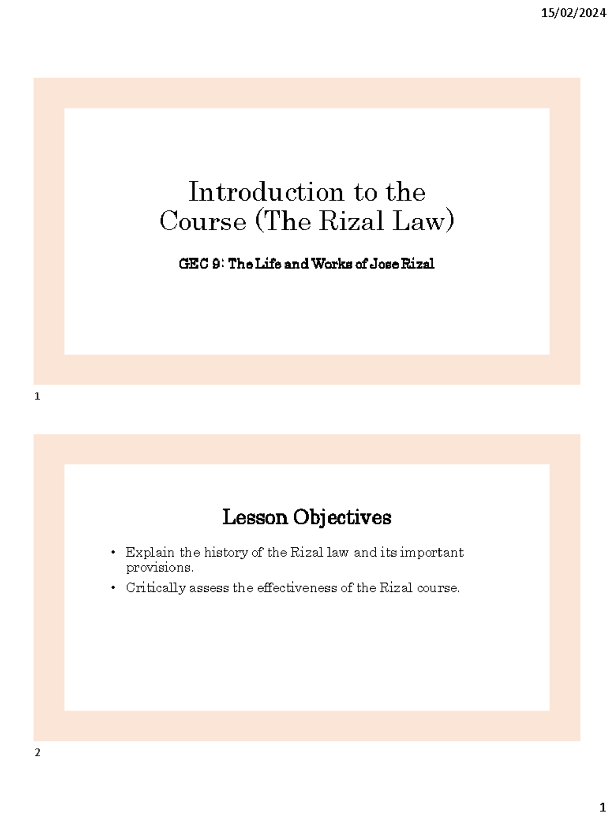 Chapter 1 The Rizal Law - Yes use this - Introduction to the Course (The Rizal Law) GEC 9: The ...