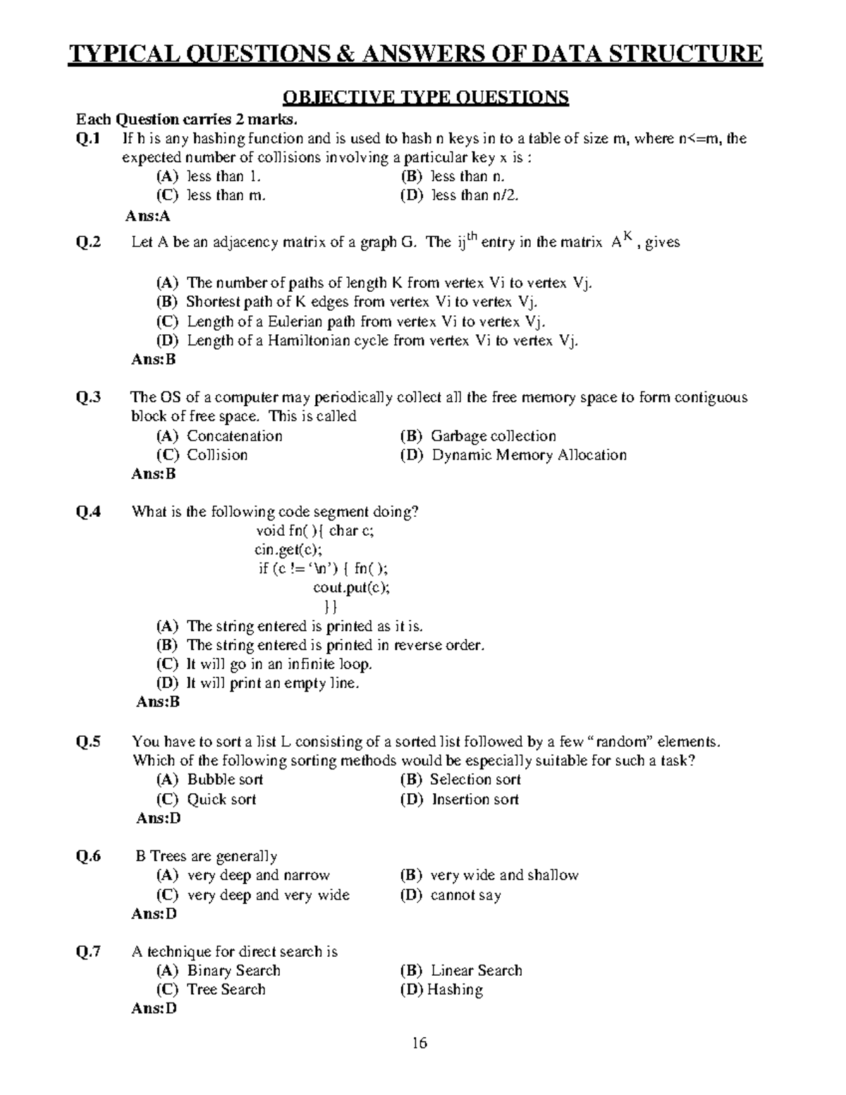 DC08 Solved Data Structure Objective Type Questions and Answers - Studocu
