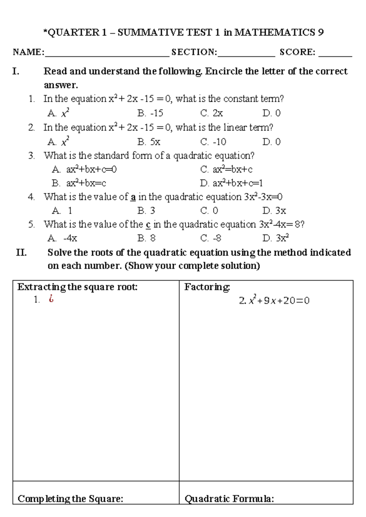 Summative Test 1 in Mathematics 9: Quadratic Equations - Studocu