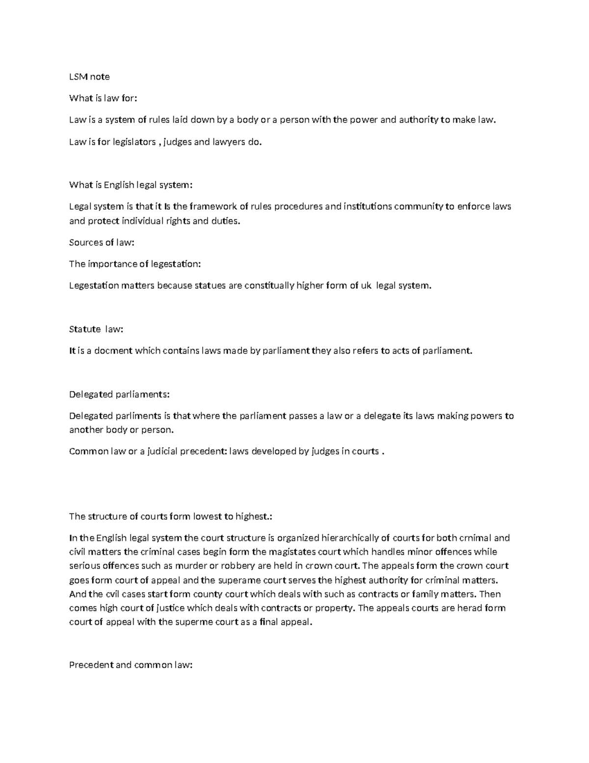 LSM Note: Understanding the English Legal System and Law - Studocu