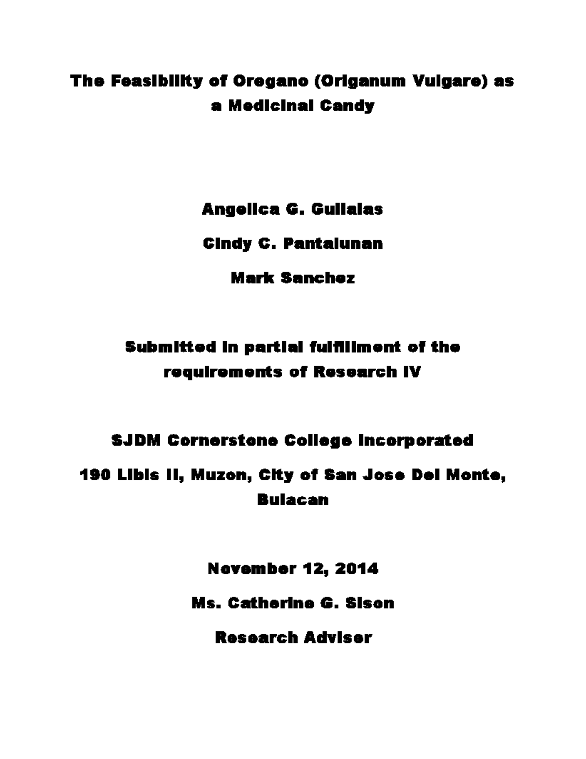 Research IV: Feasibility Study on Oregano as Medicinal Candy - Studocu