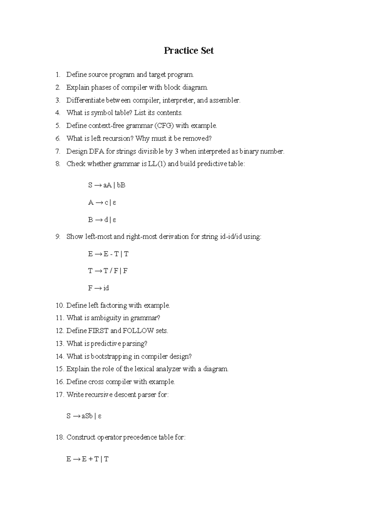 MTE 101 Practice Set: Compiler Design Concepts and Exercises - Studocu