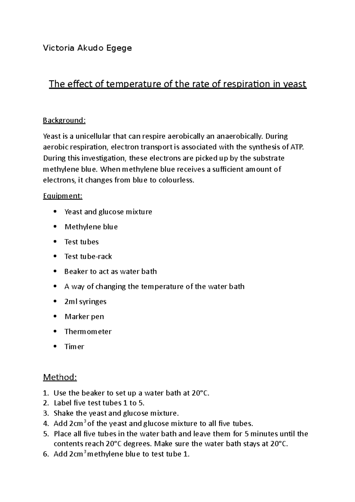 The effect of temperature of the rate of respiration in yeast ...