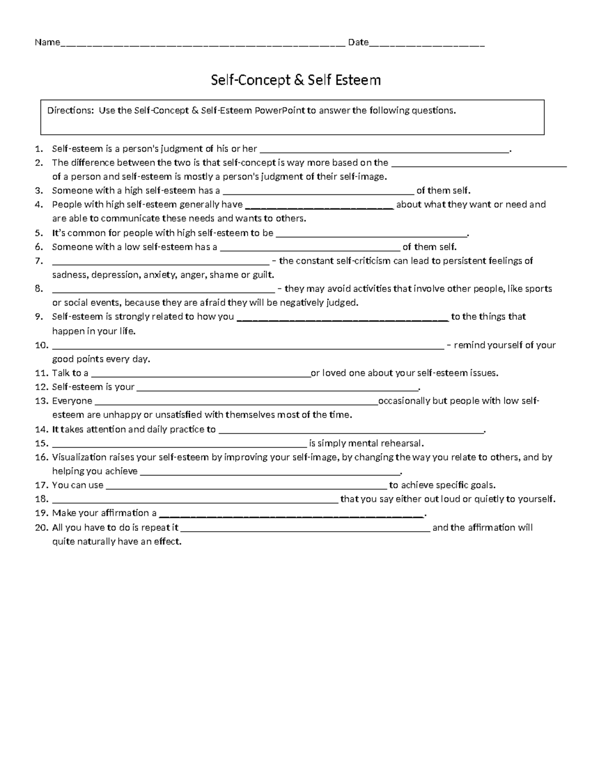 Self-Concept & Self-Esteem Worksheet: Understanding Key Concepts - Studocu