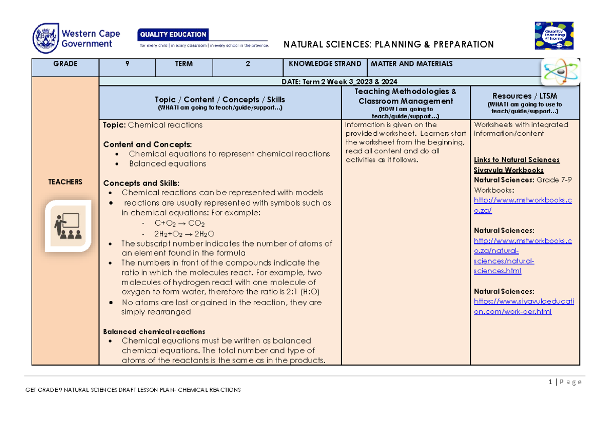Grade 9 Natural Sciences T2W3 Lesson Plan: Chemical Reactions - Studocu