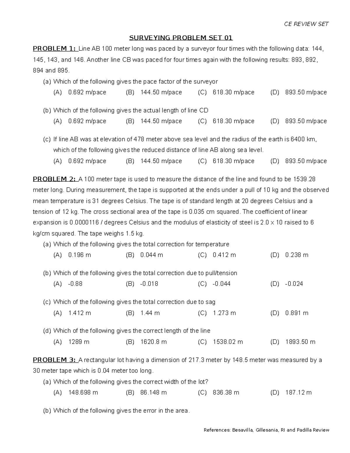 CE 101: Surveying Problem Set 01 Solutions and Explanations - Studocu