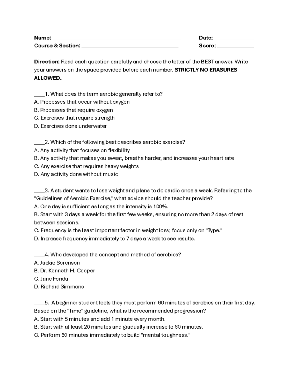 Attachment 4 - Quiz on Aerobic Exercise (Course Code: PE101) - Studocu